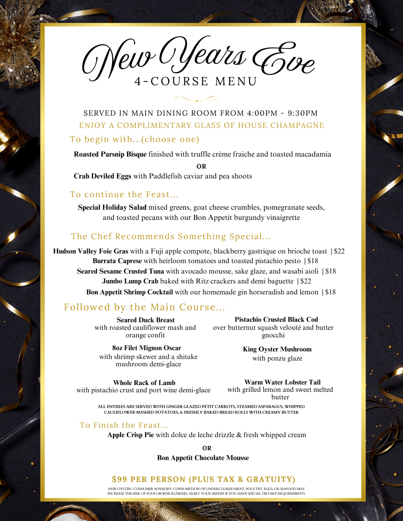 New Year's Eve 4-Course Menu - Bon Appetit